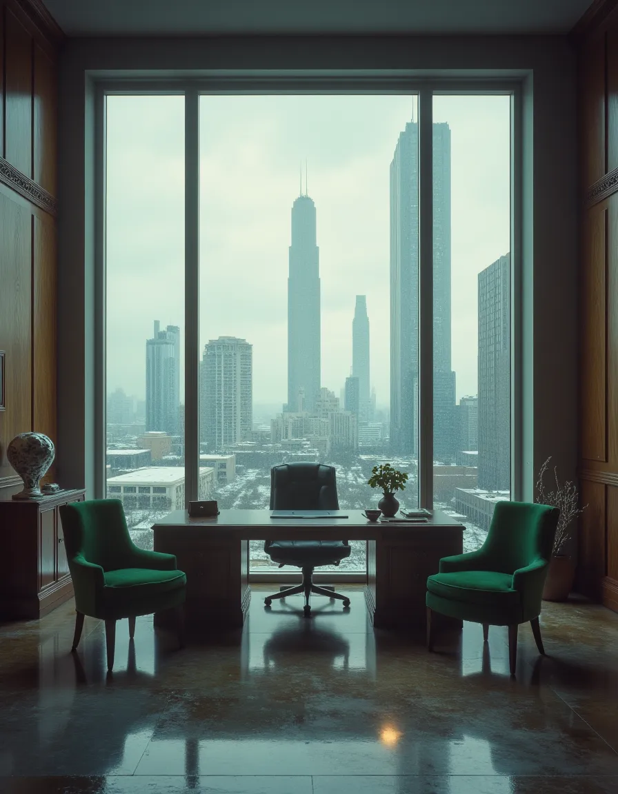 Dystopian Cityscape Office with Green Velvet Seats - AI Image Gallery ...