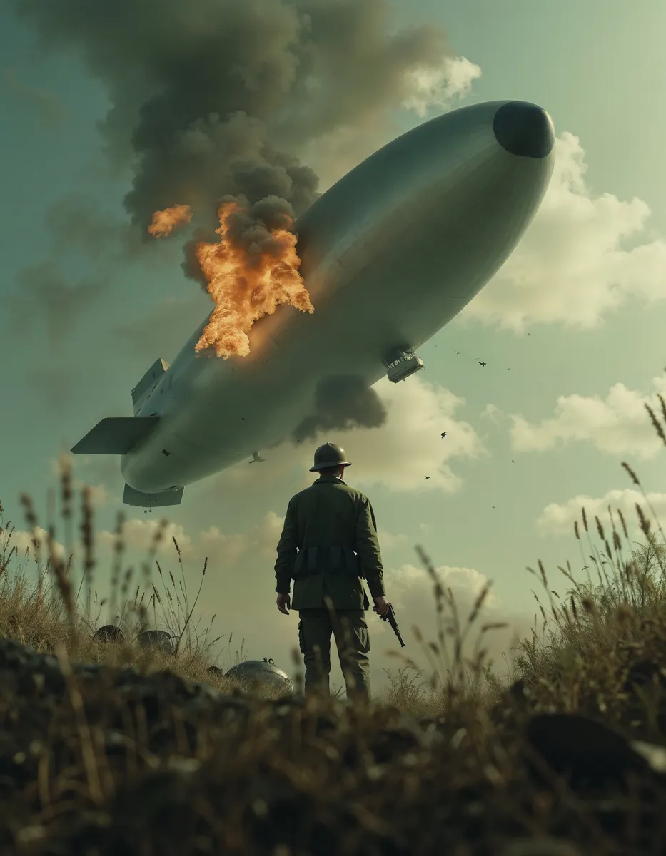 Soldier Witnesses 1920s Military Blimp Fire - AI Image Gallery | Diffus