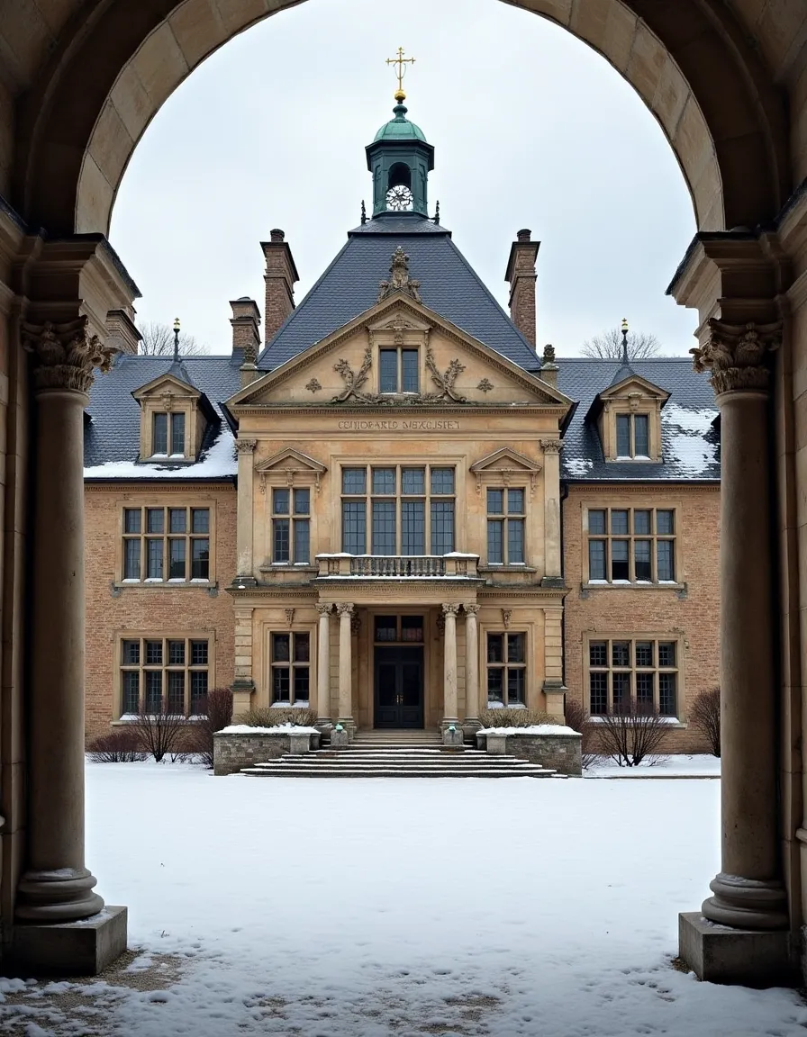 Gilded Age Mansion with Stone Columns and Snow | Diffus