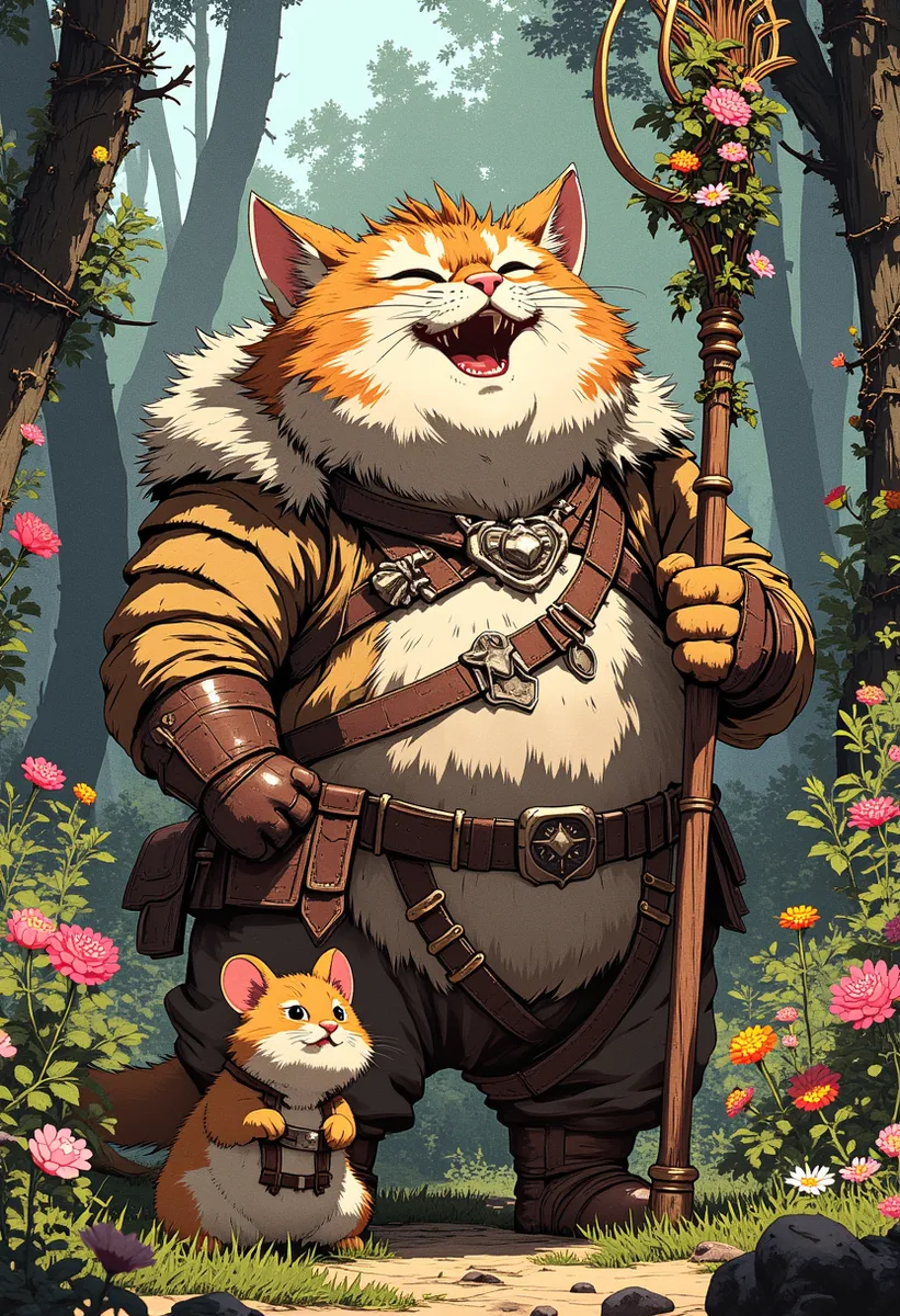 Fat Cat in Leather Armor with Mouse in Forest - AI Image Gallery | Diffus