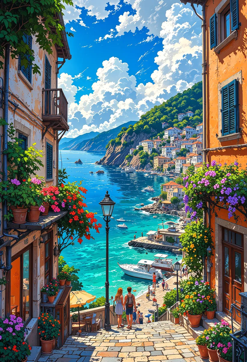 Capri Island vibrant seaside village with colorful tourists - AI Image ...