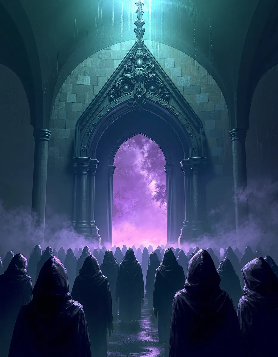 Eldritch Portal with Hooded Figures in Ancient Temple | Diffus