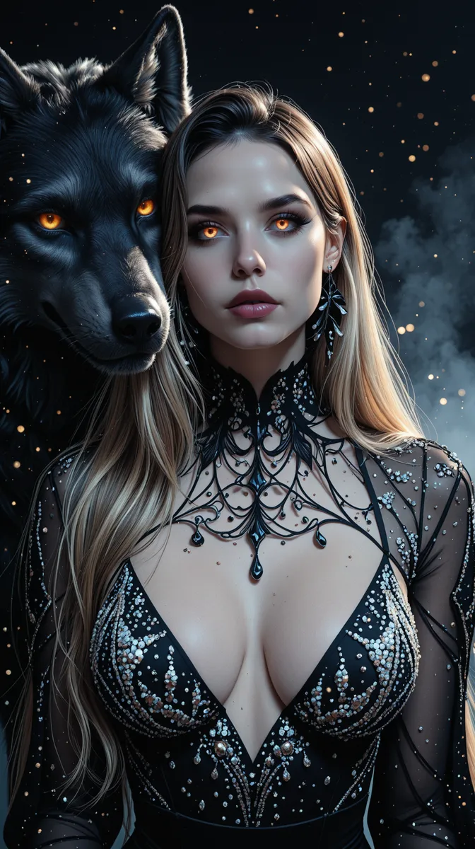Woman Portrait with Black Wolf and Glowing Eyes | Diffus