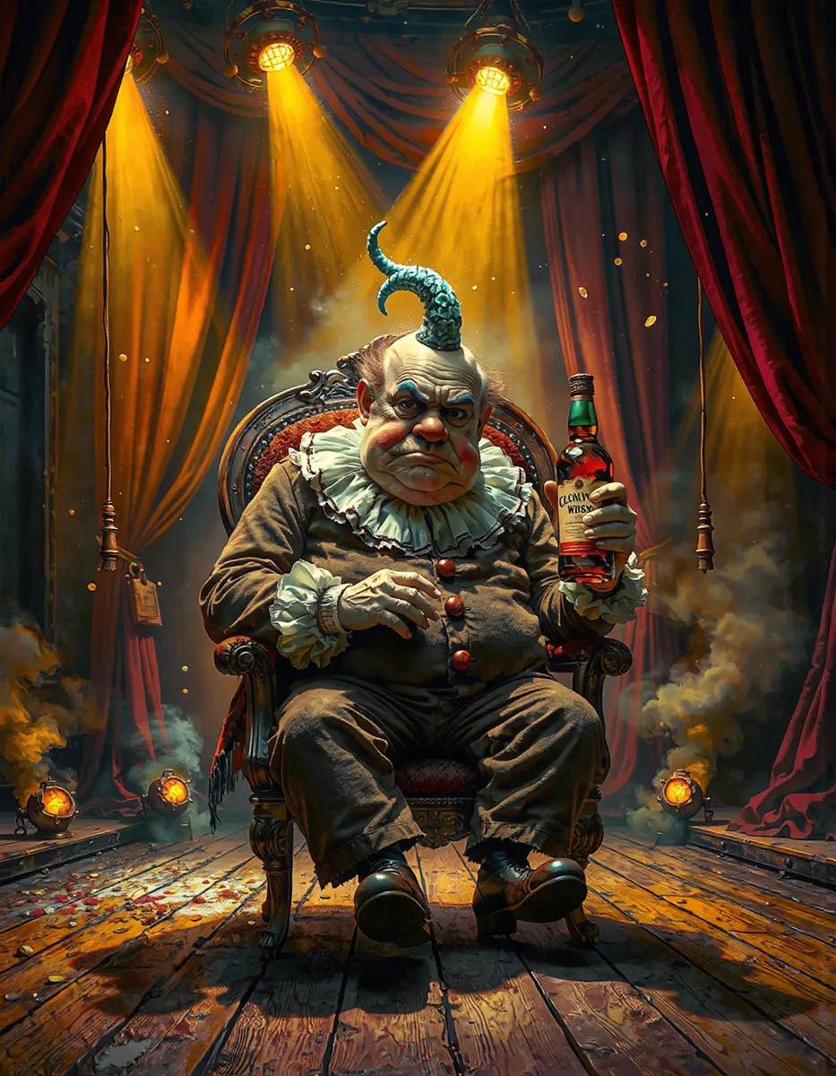 Old Clown Holding Whisky on Stage with Red Curtains - AI Image Gallery ...