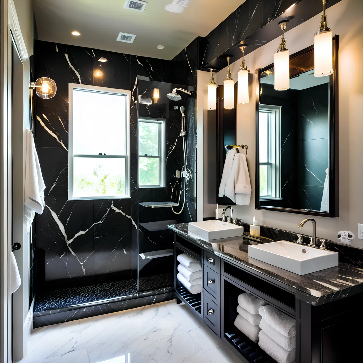 Luxury Bathroom with Black Marble Walk-in Shower - AI Image Gallery ...