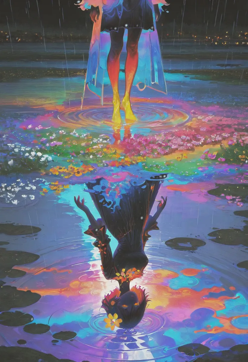 Woman Reflection in Colorful Puddle with Flowers - AI Image Gallery ...