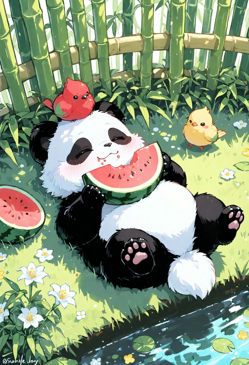 Baby Panda Eating Watermelon in Bamboo Garden - AI Image Gallery | Diffus