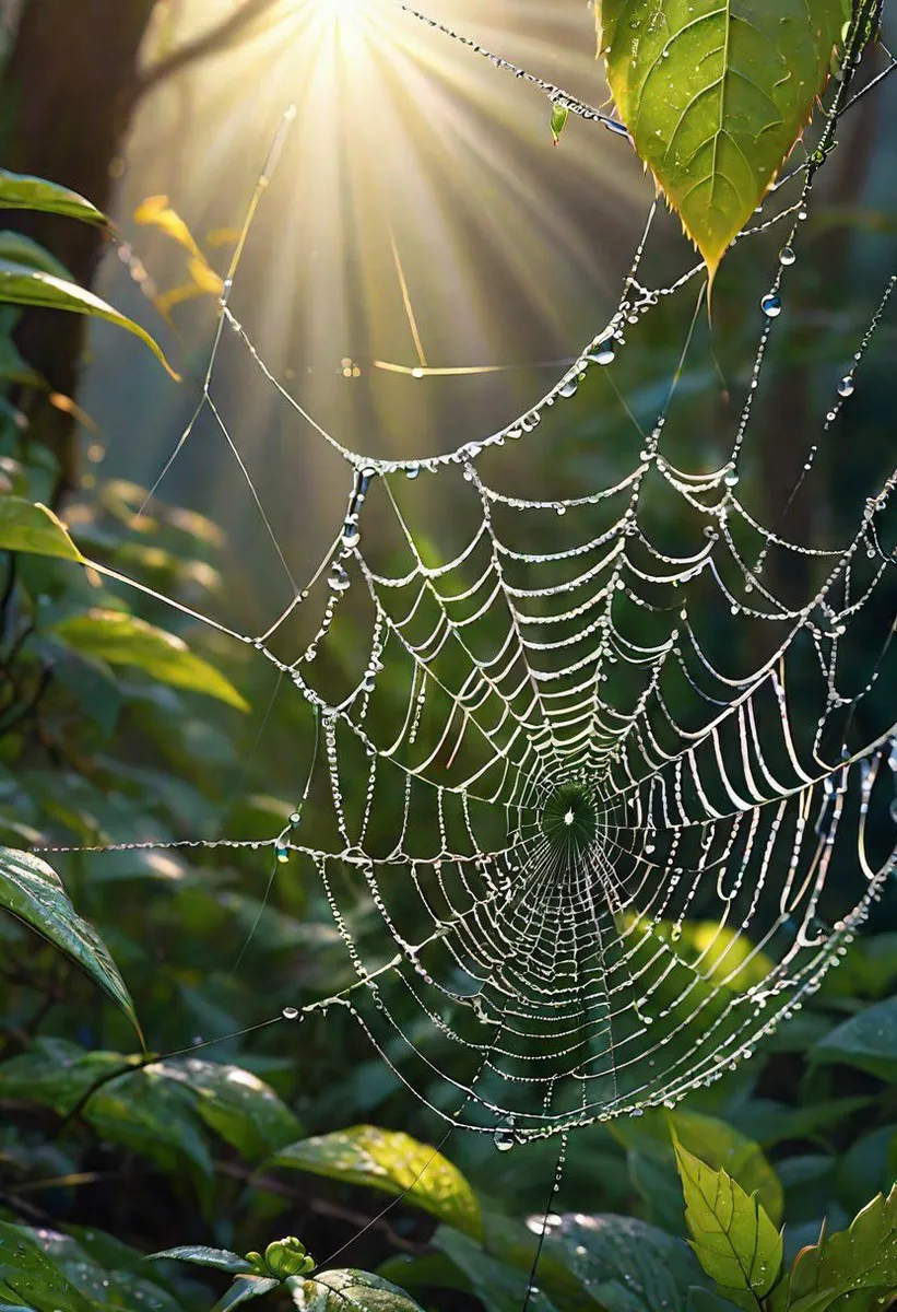Spider Web with Dew and Sun Rays in Forest - AI Image Gallery | Diffus