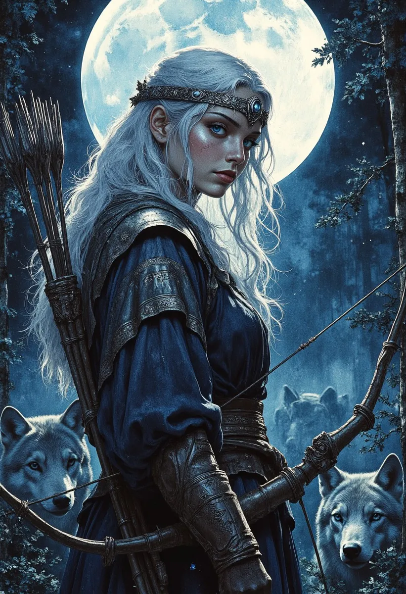 Artemis Goddess with Moonlit Bow and Wolves - AI Image Gallery | Diffus