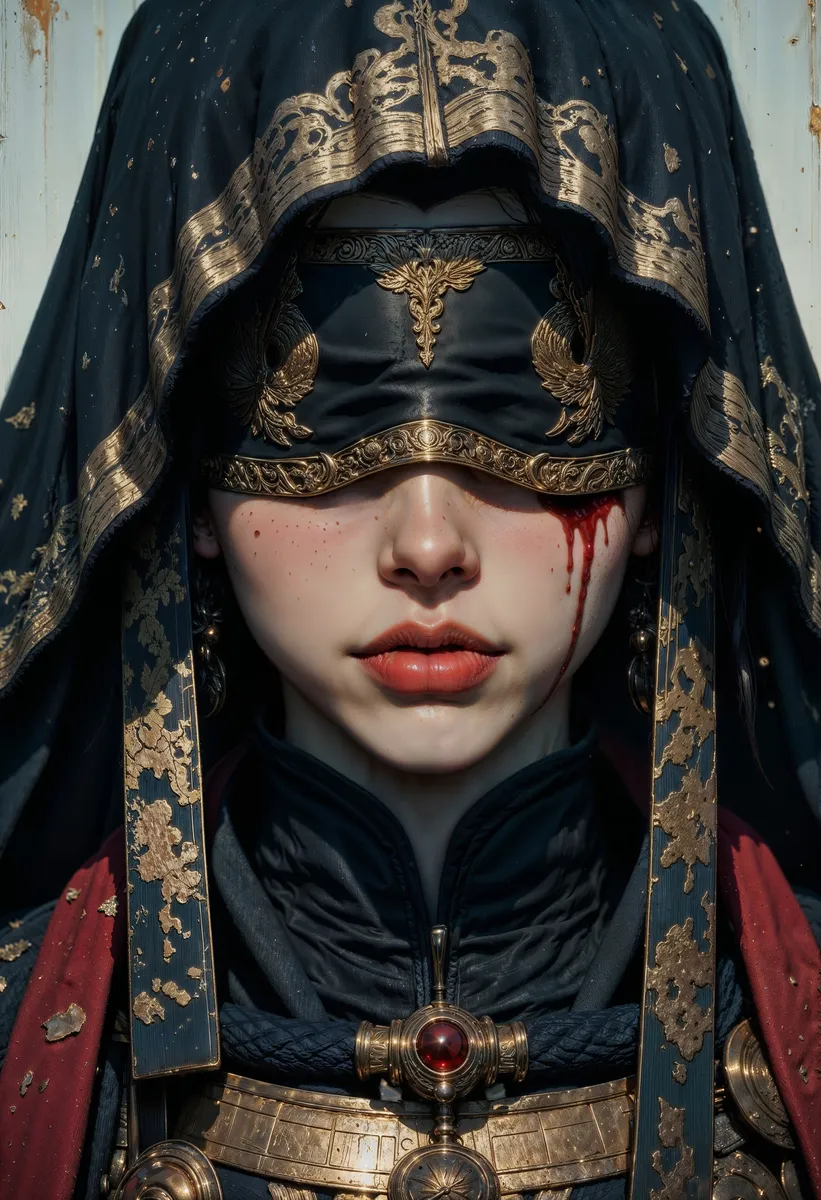 Ornate Blindfolded Woman with Red Tear - AI Image Gallery | Diffus