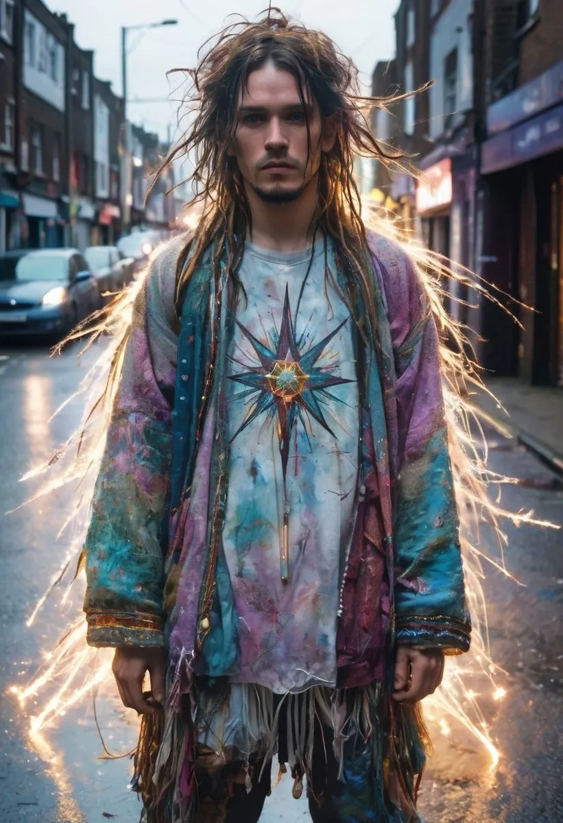 Young Shaman with Shiny Star Fibers on Street - AI Image Gallery | Diffus