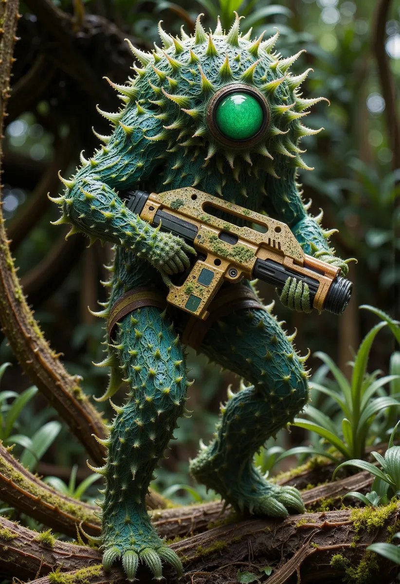 Alien Creature Holding M41A Pulse Rifle Covered in Alien Plants - AI Image Gallery | Diffus