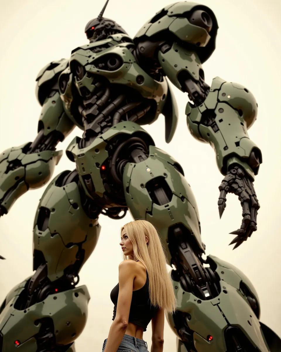 Giant Robot with Blonde Woman in Hyper Realism - AI Image Gallery | Diffus