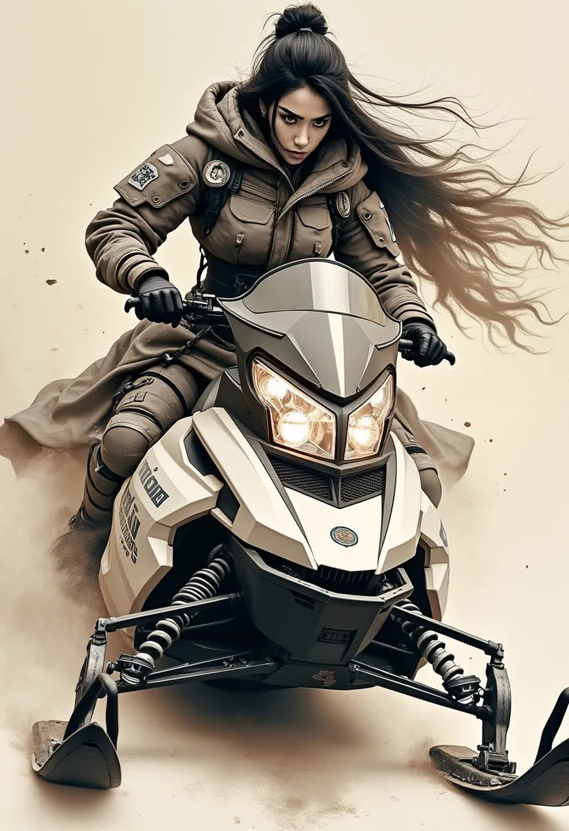 Japanese Woman Riding Snowmobile in Camouflage Armour - AI Image Gallery | Diffus