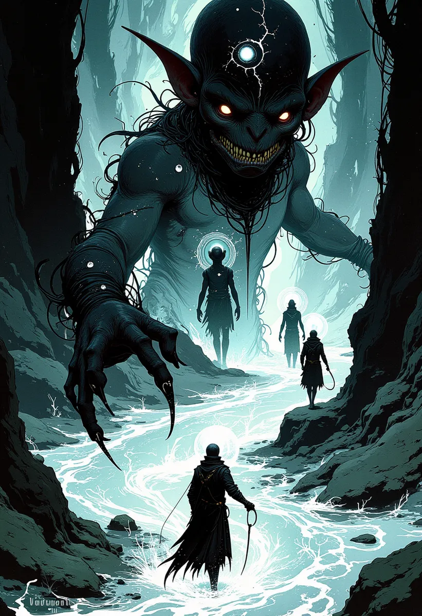 Goblin Faces Fate by Shimmering Silver River - AI Image Gallery | Diffus