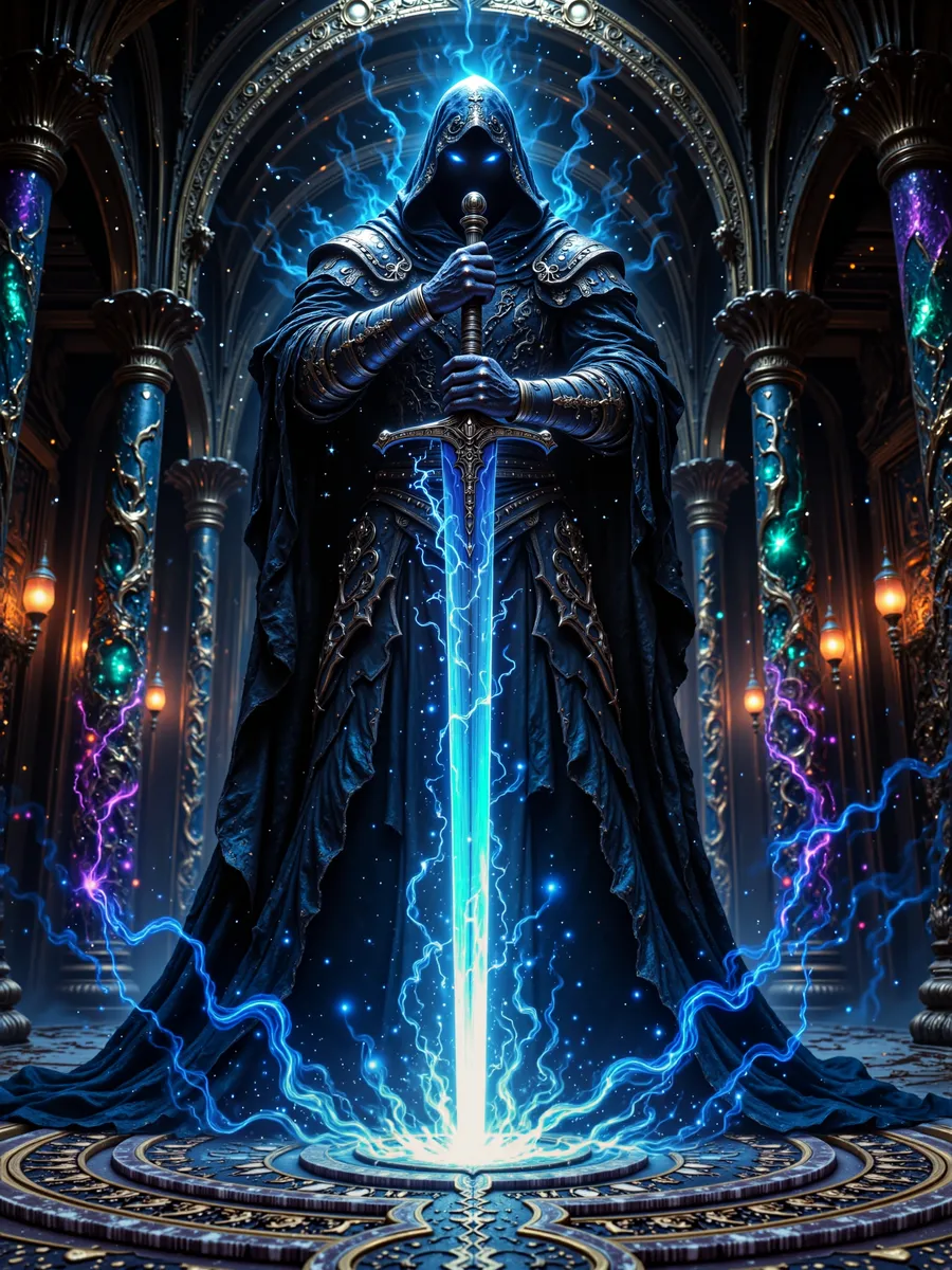 Hooded Lich with Blue Flaming Greatsword - AI Image Gallery | Diffus