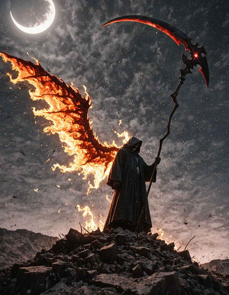 Grim Reaper with Fiery Wing and Scythe at Night - AI Image Gallery | Diffus