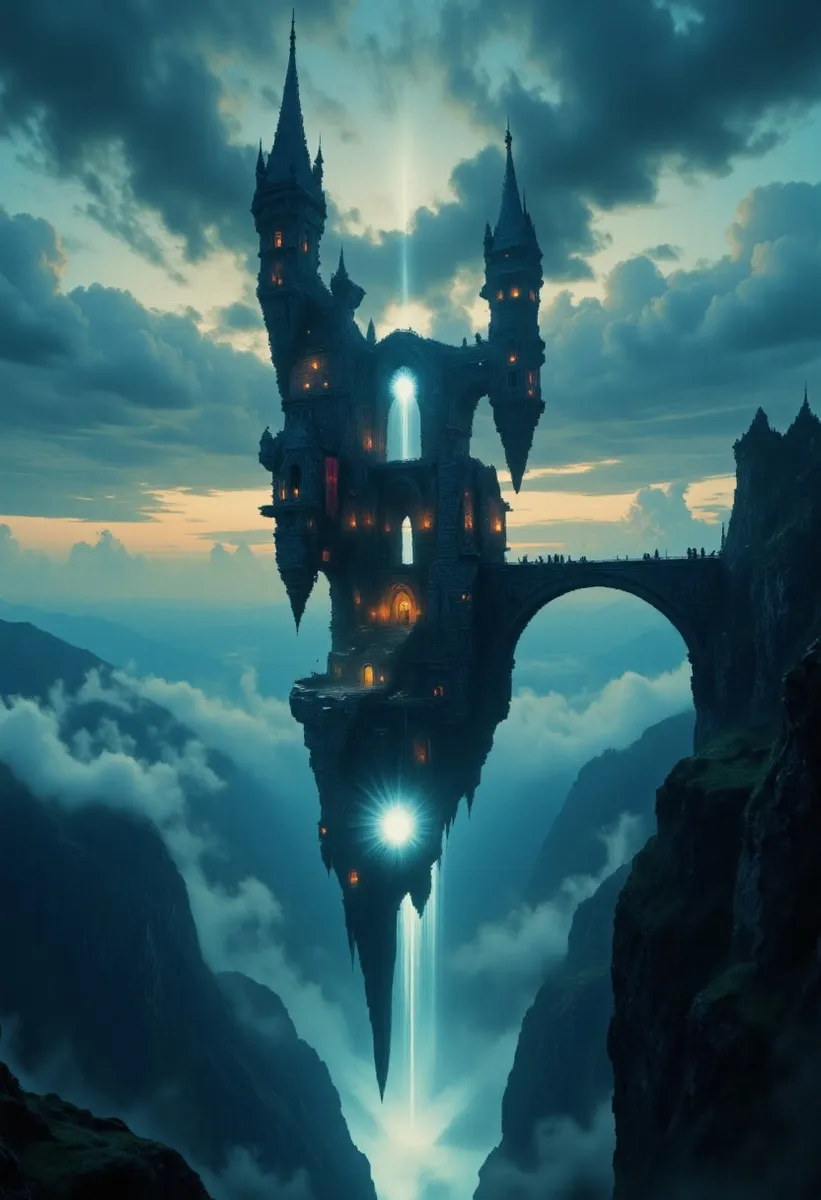 Ancient Castle Floating on Jagged Cliff at Surreal Sunset - AI Image Gallery | Diffus