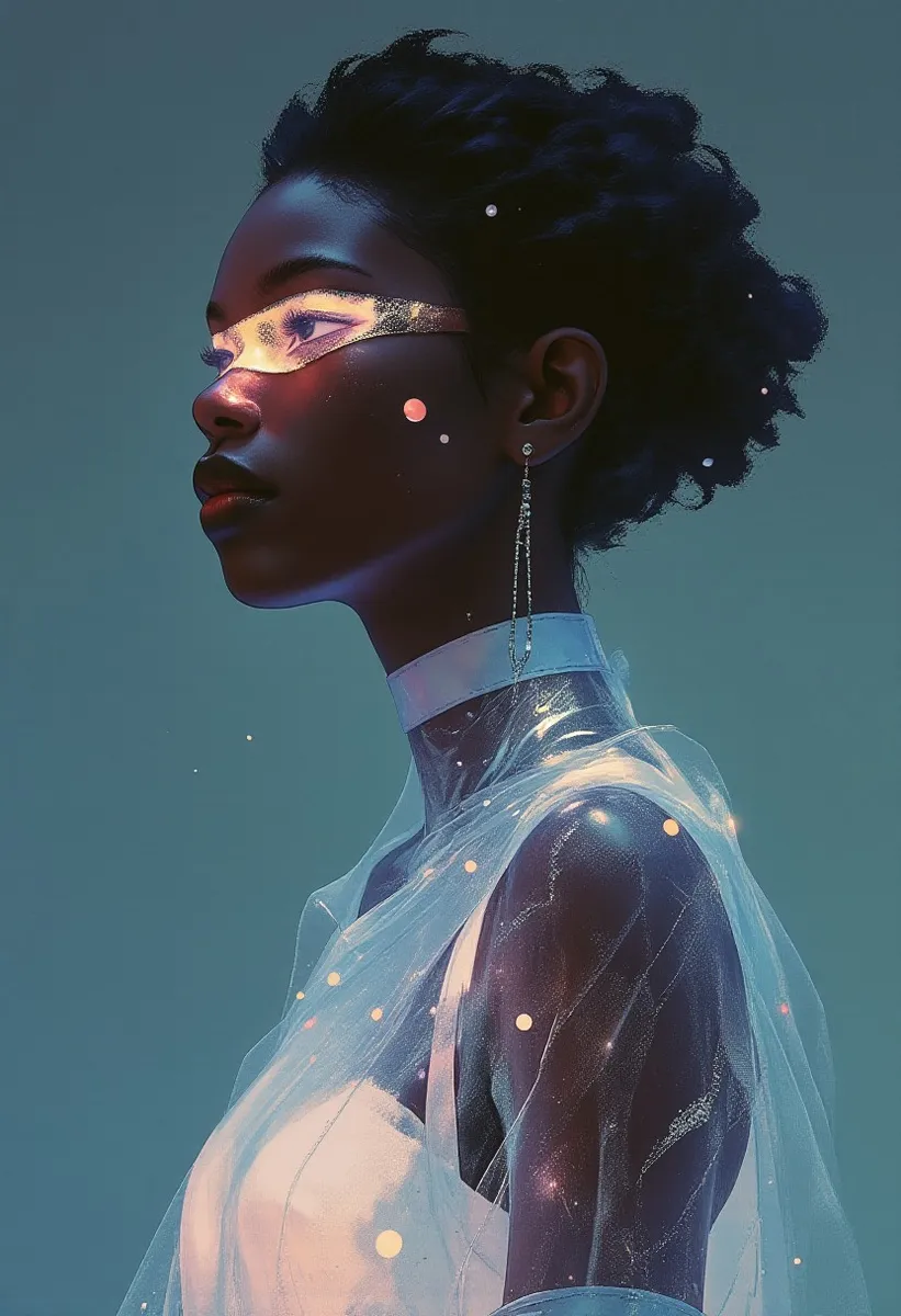 Dark Skin Portrait with Futuristic Luminous Veil - AI Image Gallery | Diffus