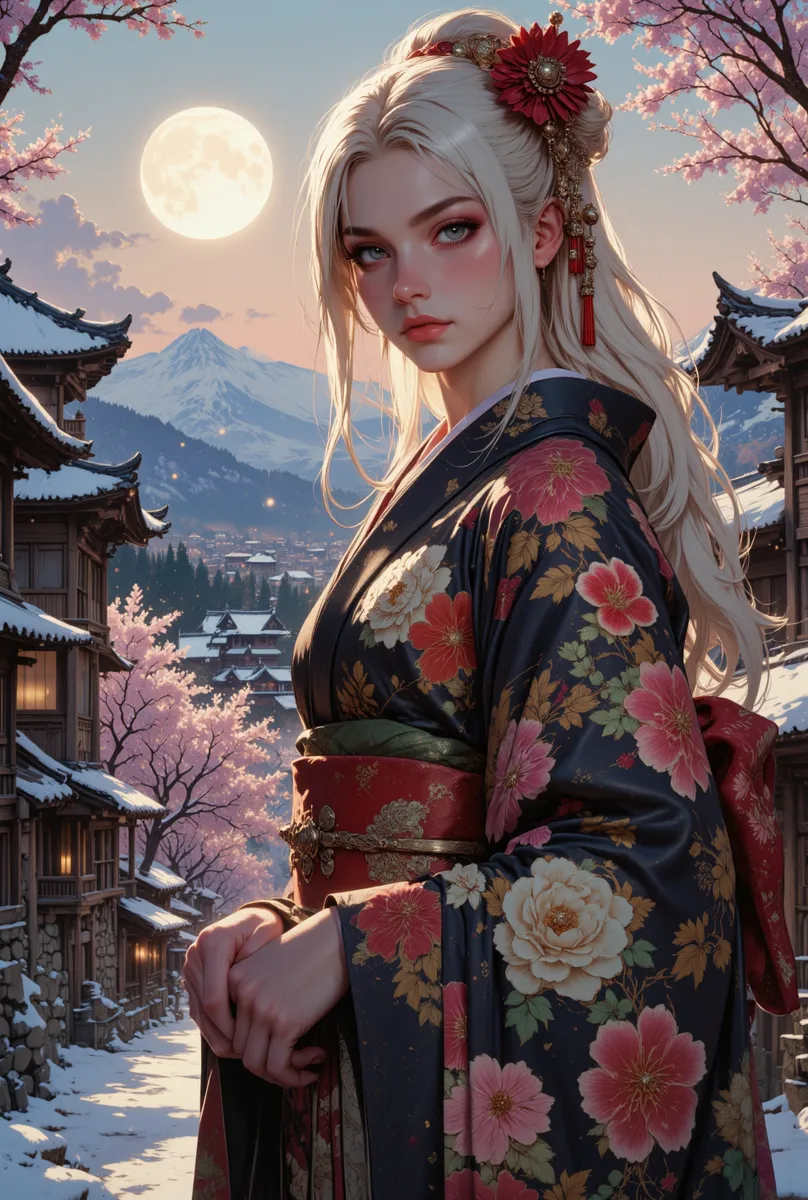 Female Geisha in Floral Kimono at Twilight - AI Image Gallery | Diffus