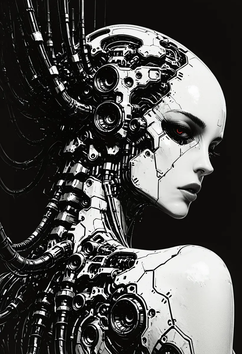 Cyborg Gynoid Black and White Sketch - AI Image Gallery | Diffus