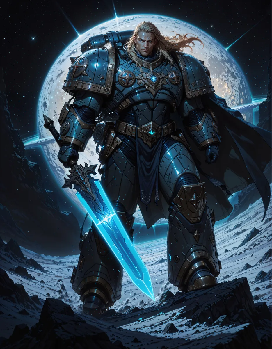 Guerrero con Armadura Potente y Espada Azul en la Luna - Galería de ...