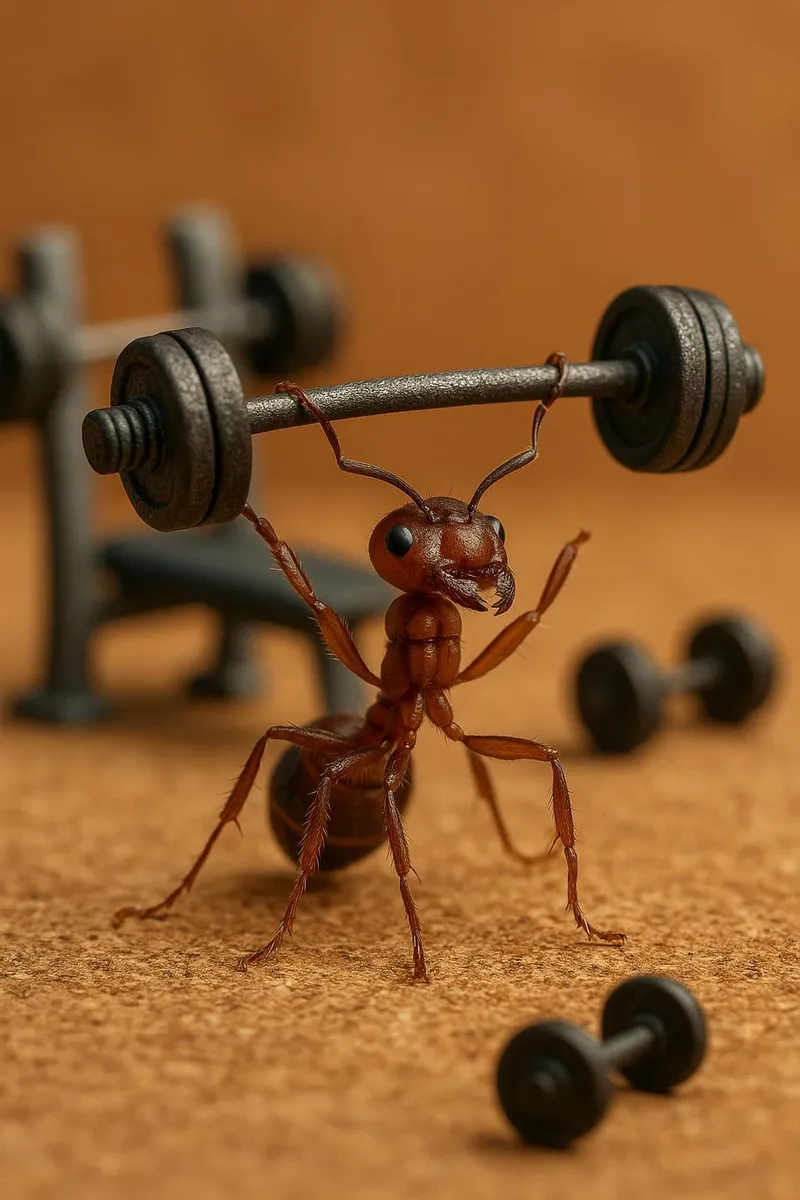Ant Lifting Dumbbell in Miniature Gym - AI Image Gallery | Diffus