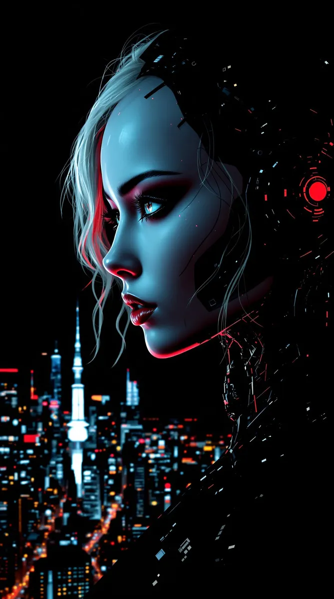 여성 로봇 초상과 SF 도시 풍경 - AI 이미지 갤러리 | Diffus