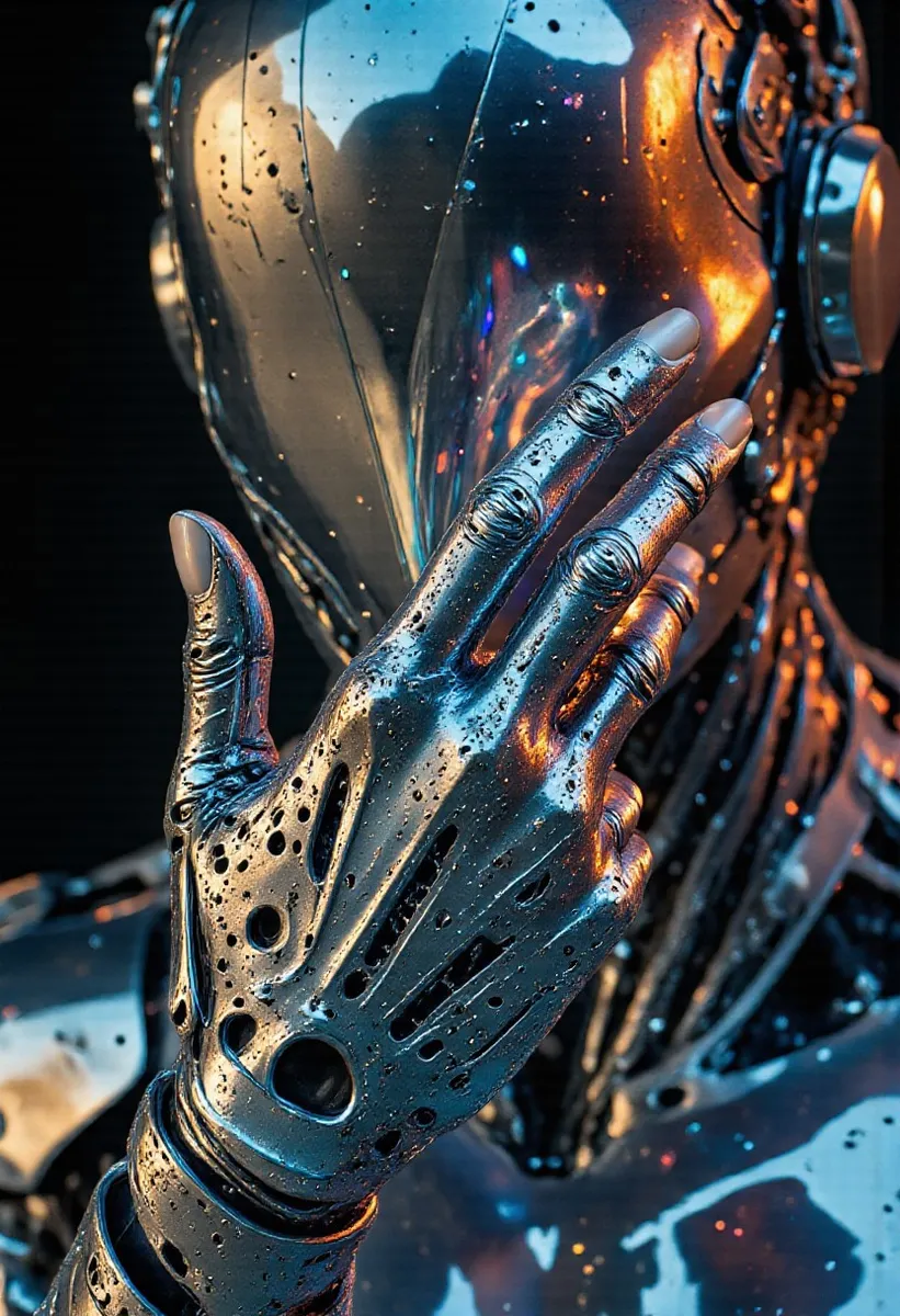 Android Warrior's Reflective Hand with Prismatic Faceplate - AI Image ...