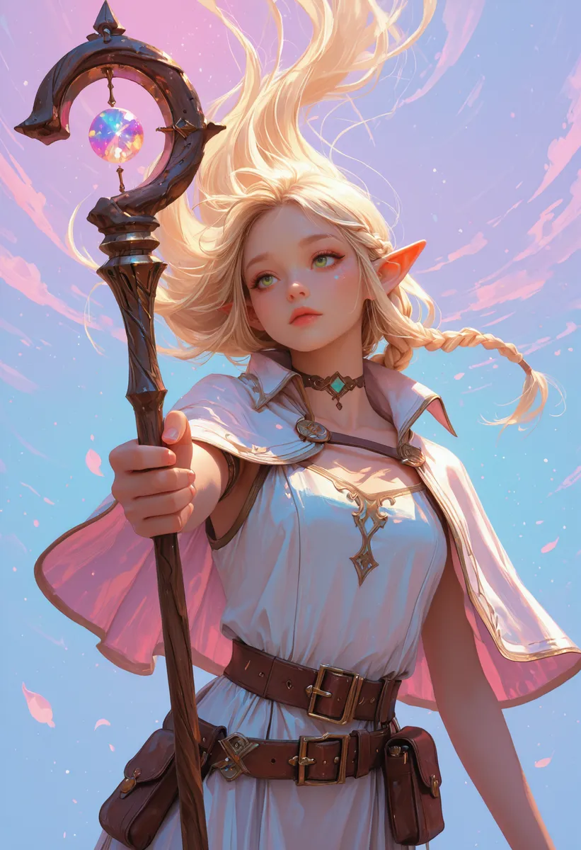 Elfa con Cabello Rubio Sosteniendo Bastón Mágico - Galería de Imágenes AI | Diffus