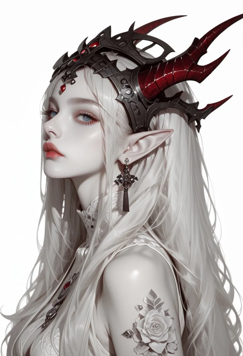 White Hair Elf Girl with Red Horns Side Profile - AI Image Gallery | Diffus