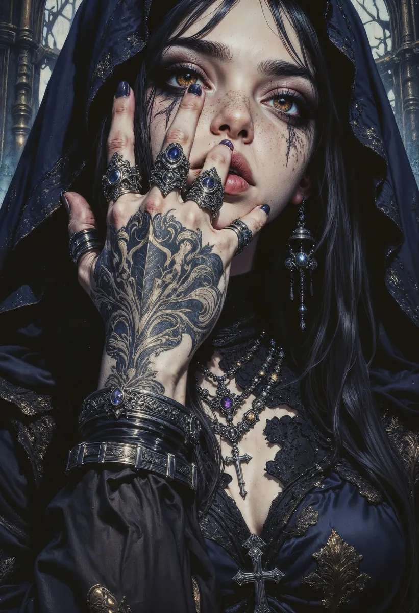 Gothic Sorceress with Tattooed Hand and Silver Rings - AI Image Gallery ...