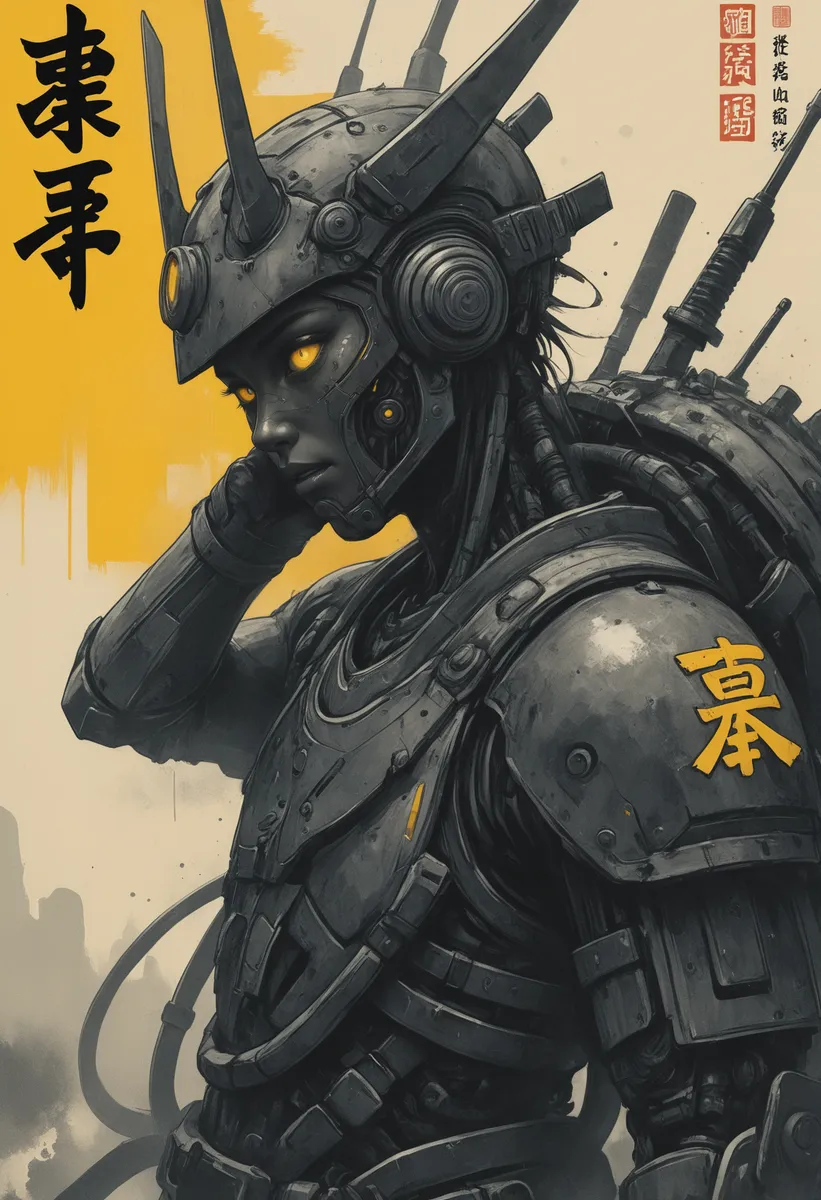 Cyber Samurai in Biomech Armor with Asian Letters - AI Image Gallery ...