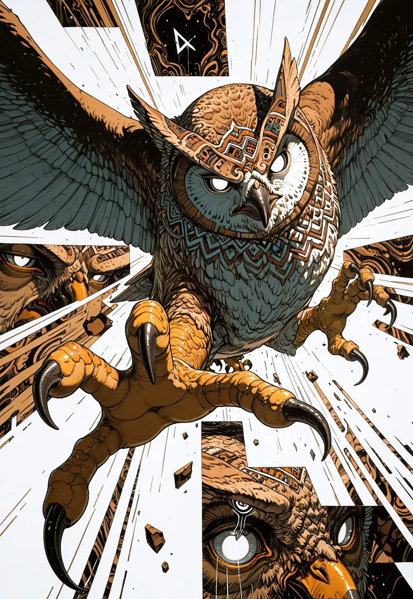 Búho con garras abiertas y patrón azteca - Galería de imágenes AI | Diffus