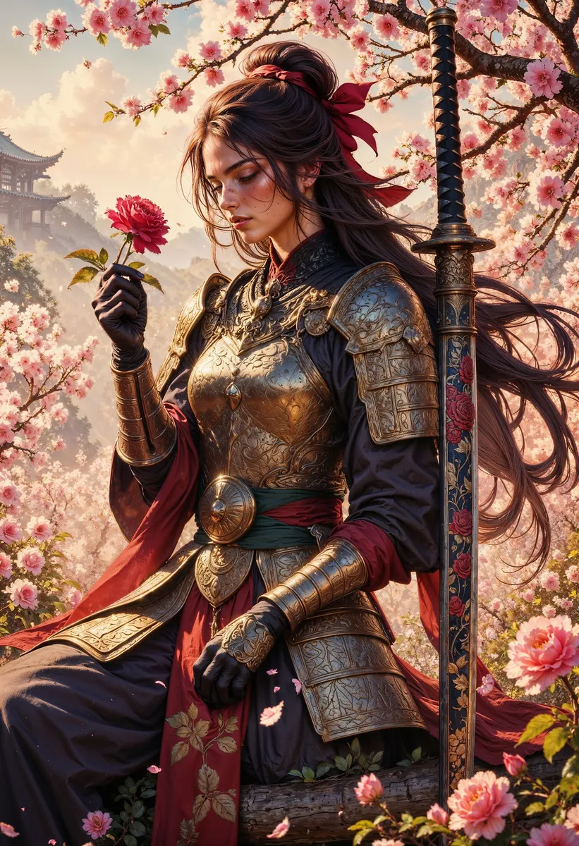 Female Ronin in Ornate Samurai Armor Amid Cherry Blossoms - AI Image ...