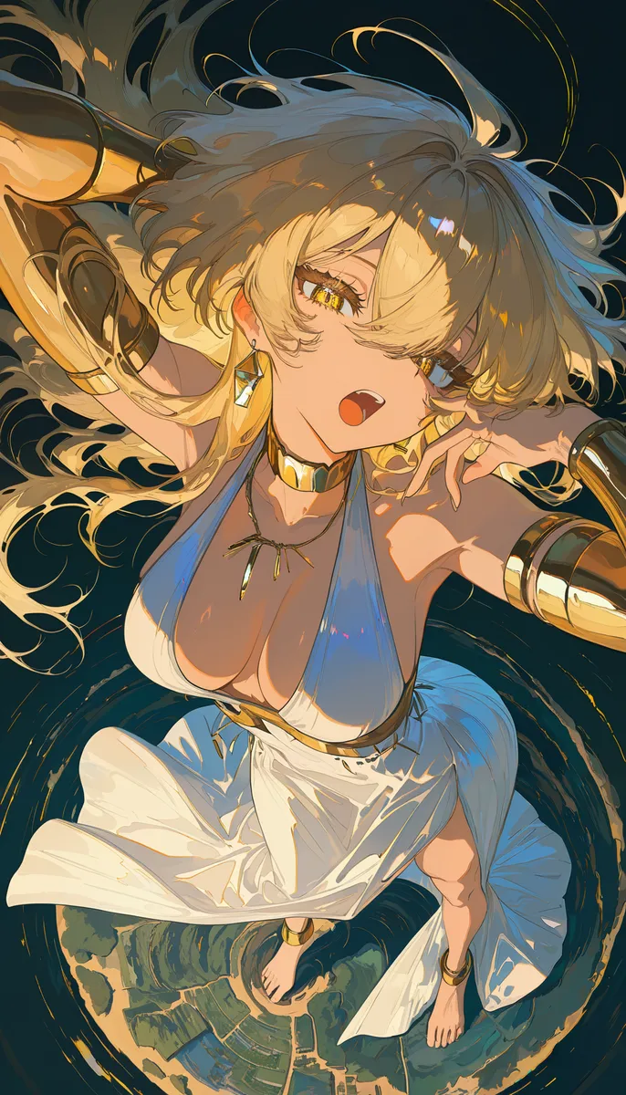 Seductive Woman in Dynamic Pose with Gold Accessories - AI Image Gallery | Diffus