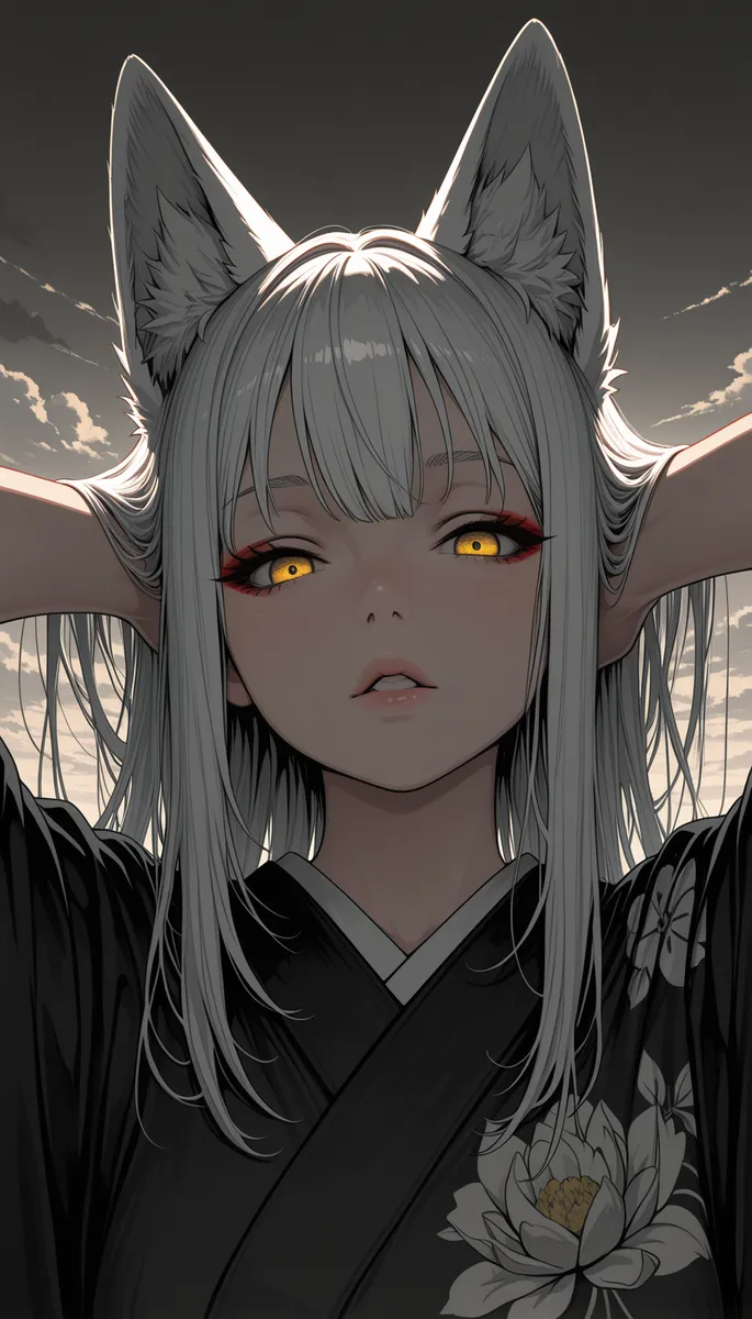 Kitsune Girl Portrait with White Hair and Kimono | Diffus