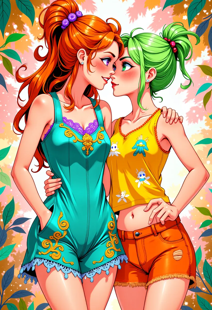 Vibrant Illustration of Animated Women in Intimate Pose - AI Image Gallery | Diffus