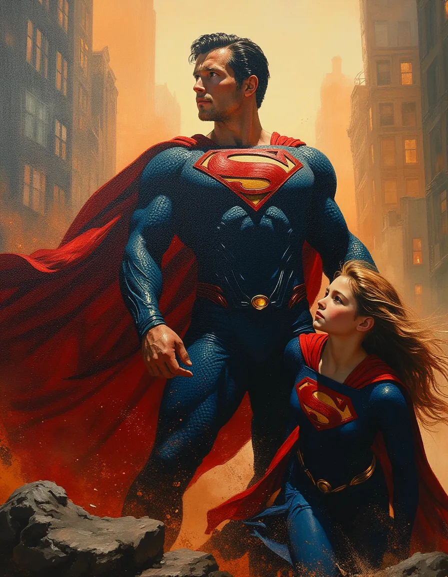 Superman Protects Supergirl in Heroic Sunset Cityscape - AI Image ...