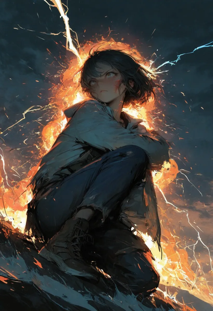 Young Woman Surrounded by Fire and Lightning - AI Image Gallery | Diffus