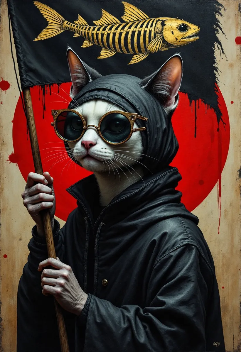 Dark Fantasy Cat Holding Black Flag with Golden Fish - AI Image Gallery ...