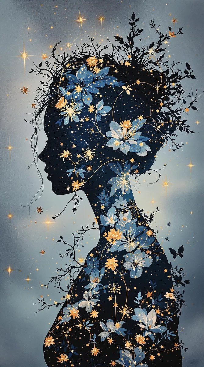 Female Silhouette with Floral Constellations - AI Image Gallery | Diffus