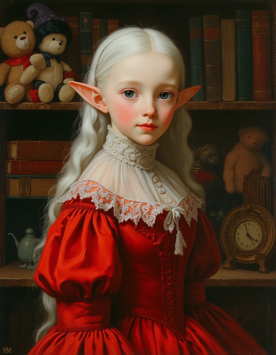 Elf Girl in Red Victorian Dress Oil Painting - AI Image Gallery | Diffus