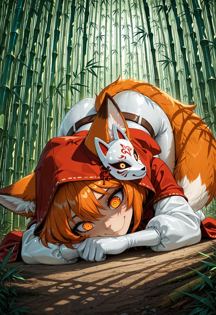 Fox Girl in Bamboo Forest with Fox Mask - AI Image Gallery | Diffus