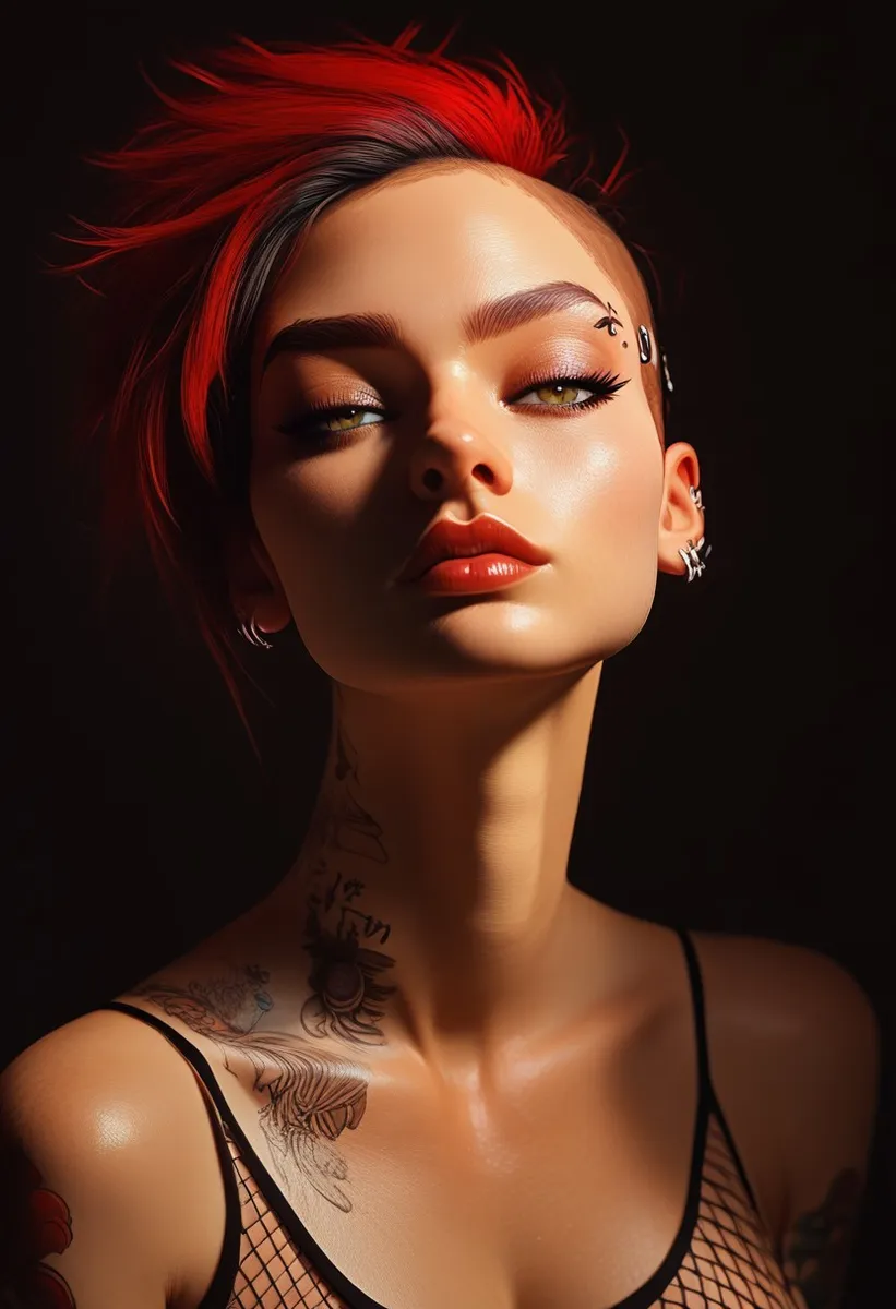 Punk Girl with Asymmetric Buzz Cut and Tattoos - AI Image Gallery | Diffus