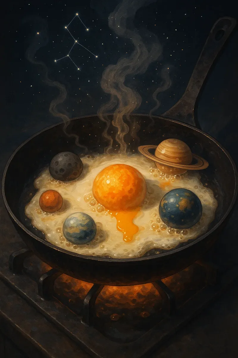 Frying Pan with Sizzling Planets and Sun Yolk | Diffus