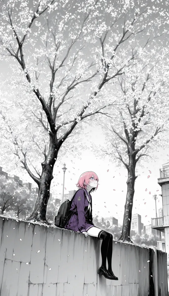 Pink Hair Girl Sitting Under Cherry Blossom Trees - AI Image Gallery ...
