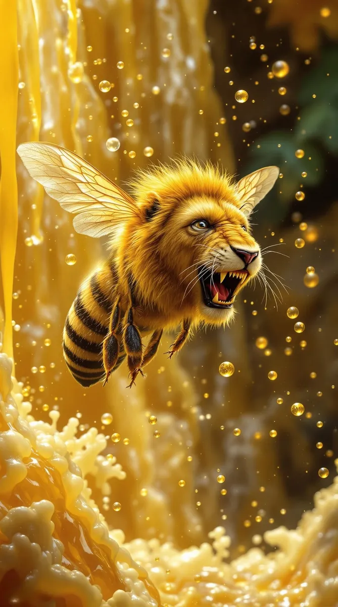 Lion Bee Flying Through Honey Waterfall - AI Image Gallery | Diffus