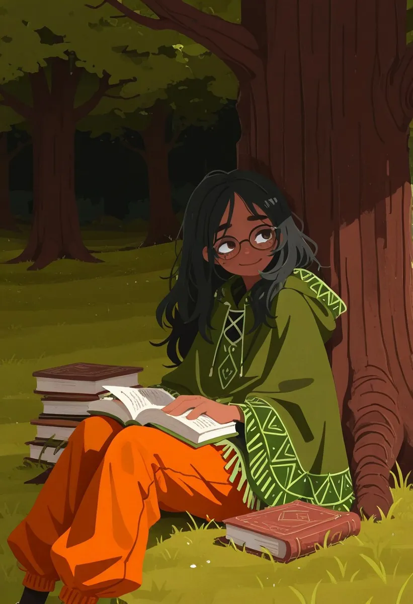 Girl Reading Under Tree in Green Poncho - AI Image Gallery | Diffus