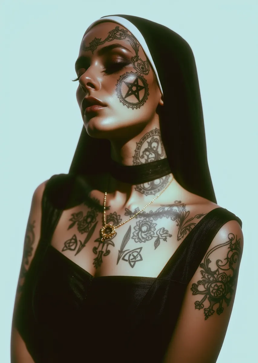 Tattooed Nun Portrait with Satanic Symbols - AI Image Gallery | Diffus